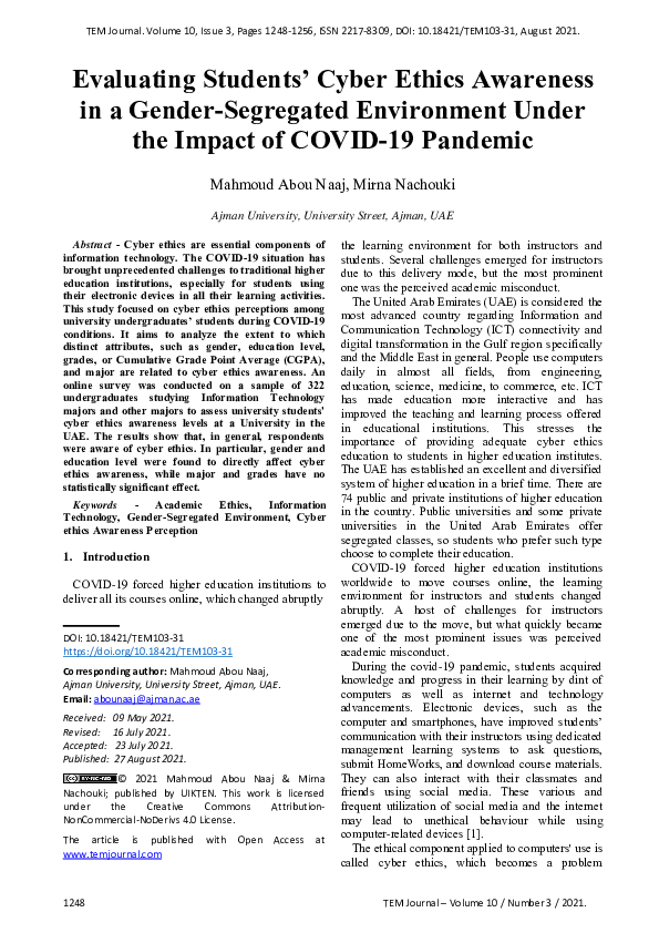 (PDF) Evaluating Students’ Cyber Ethics Awareness in a Gender ...
