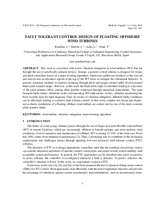 (PDF) Fault tolerant control design of floating offshore wind turbines