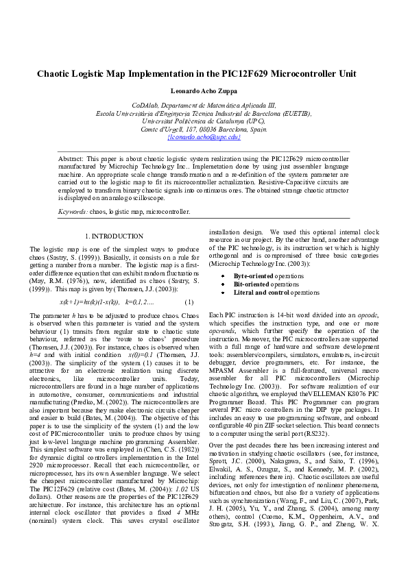 (PDF) Chaotic Logistic Map Implementation in the PIC12F629 Microcontroller Unit