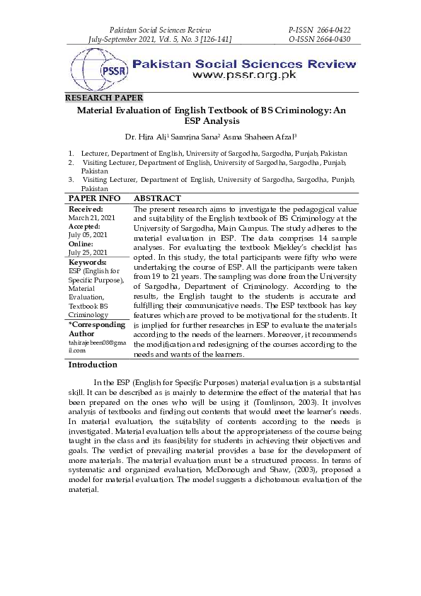 (PDF) Material Evaluation of English Textbook of BS Criminology: An ESP Analysis