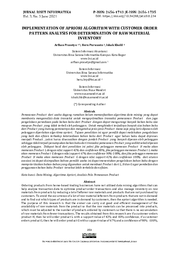 Pdf Implementation Of Apriori Algorithm With Customer Order Pattern