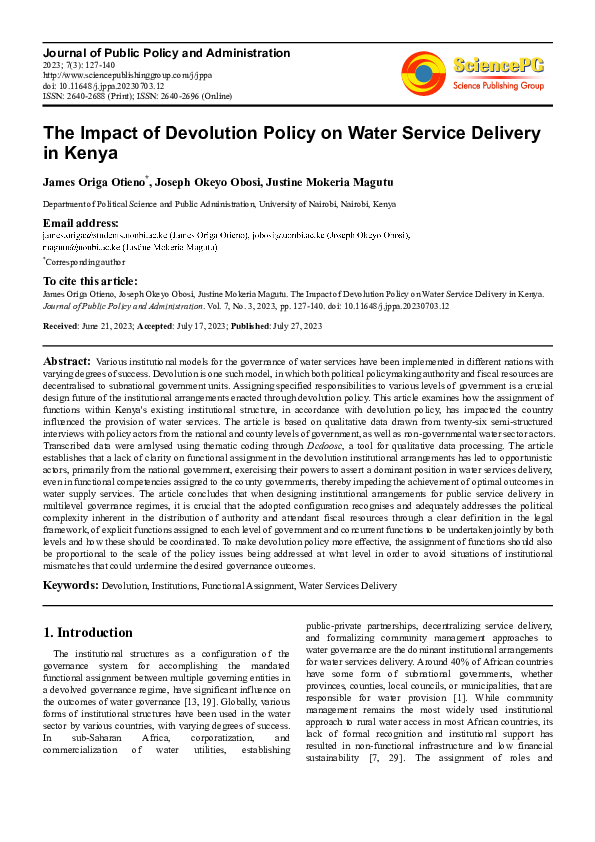 (PDF) The Impact of Devolution Policy on Water Service Delivery in Kenya
