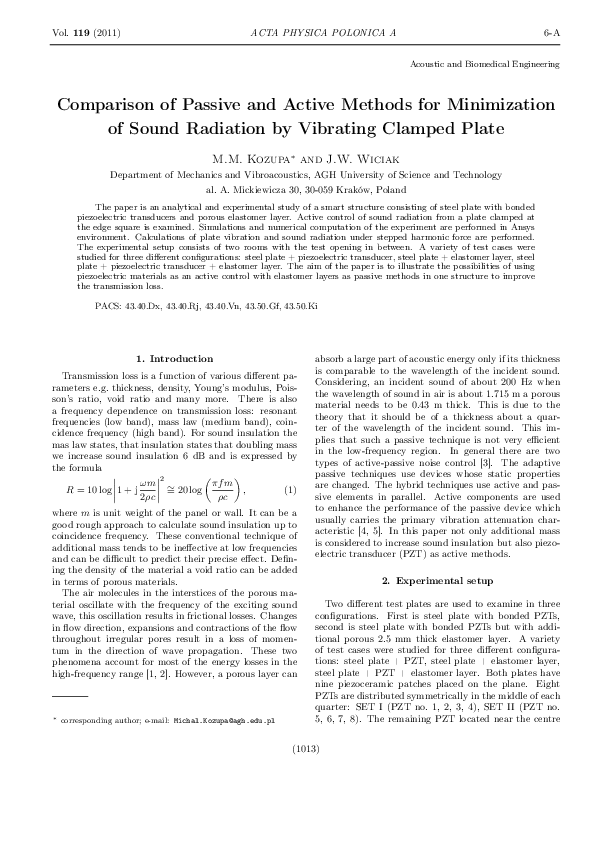 (PDF) Comparison of Passive and Active Methods for Minimization of Sound Radiation by Vibrating ...