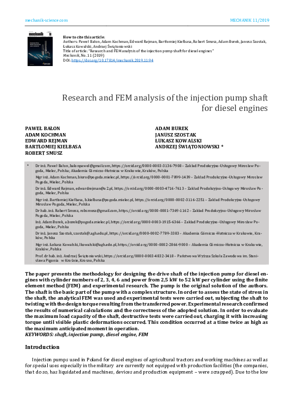 (PDF) Research and FEM analysis of the injection pump shaft for diesel ...