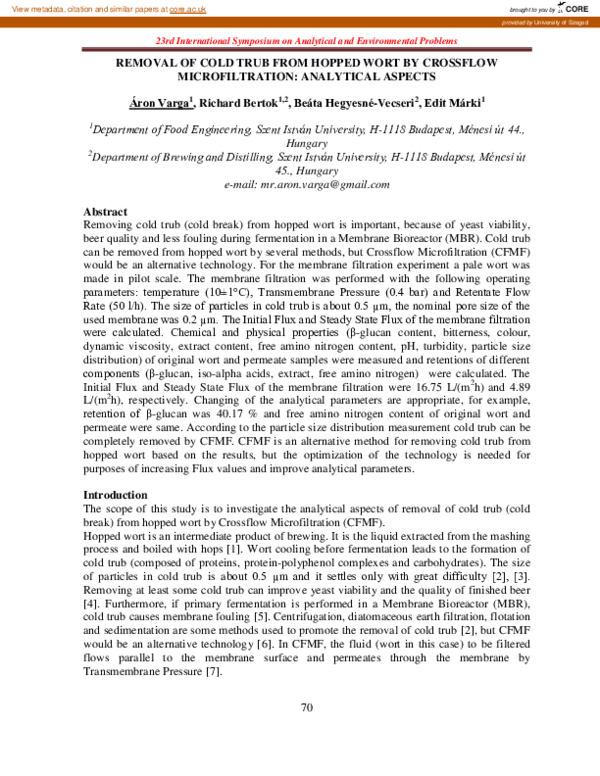 (PDF) Removal of cold trub from hopped wort by crossflow ...