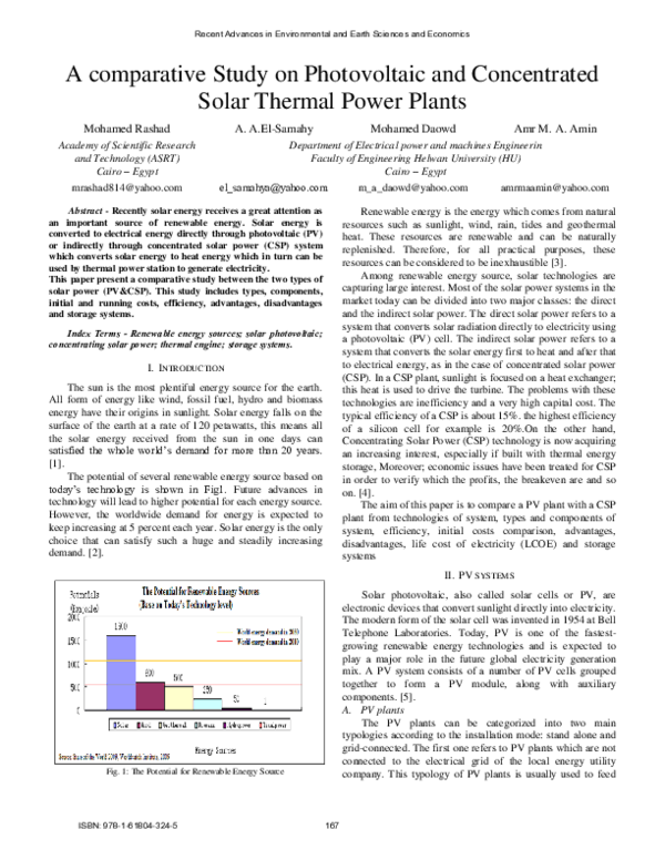 (PDF) A comparative Study on Photovoltaic and Concentrated Solar Thermal Power Plants