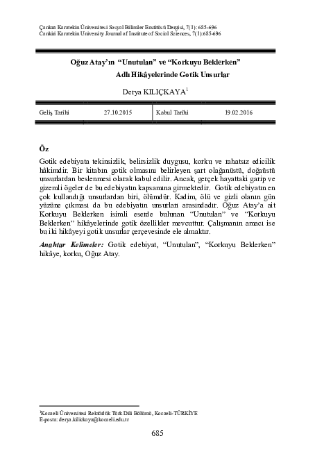 (PDF) Oğuz Atay’ın “Unutulan” ve “Korkuyu Beklerken” Adlı Hikâyelerinde Gotik Unsurlar