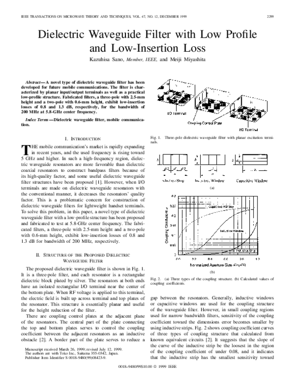 (PDF) Dielectric waveguide filter with low profile and low-insertion loss