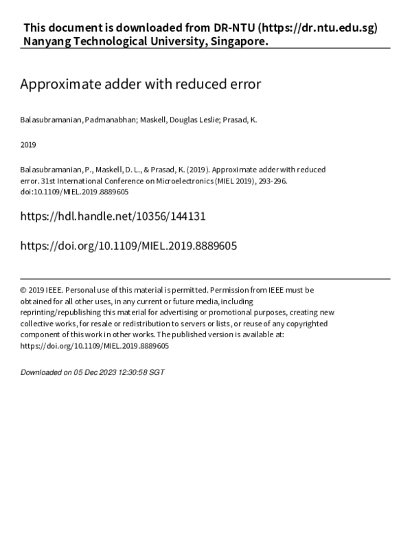(PDF) Approximate Adder with Reduced Error