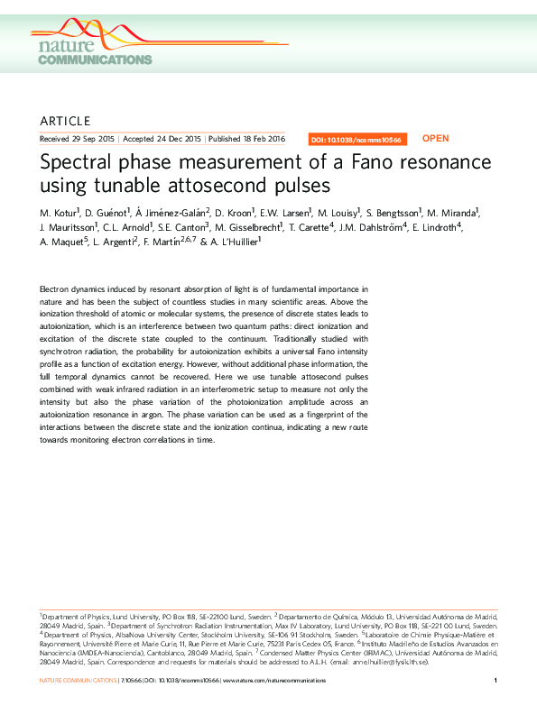 (PDF) Spectral phase measurement of a Fano resonance using tunable attosecond pulses