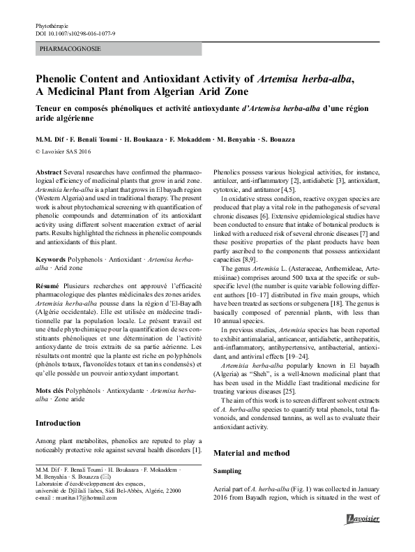 (PDF) Phenolic content and antioxidant activity of Artemisa herba-alba, a medicinal plant from ...