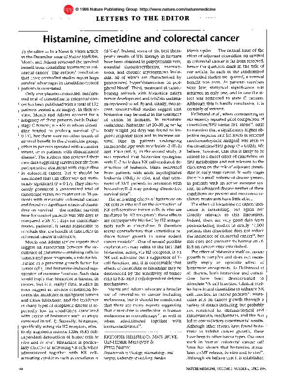 (PDF) Histamine, cimetidine and colorectal cancer