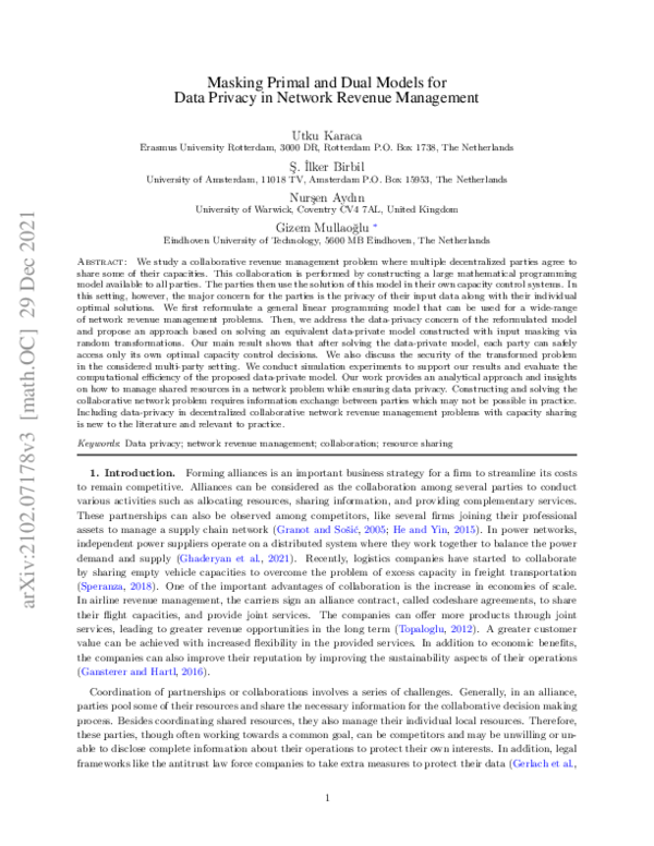 (PDF) Masking Primal and Dual Models for Data Privacy in Network ...