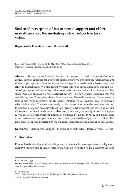 (PDF) Students’ perception of instrumental support and effort in ...