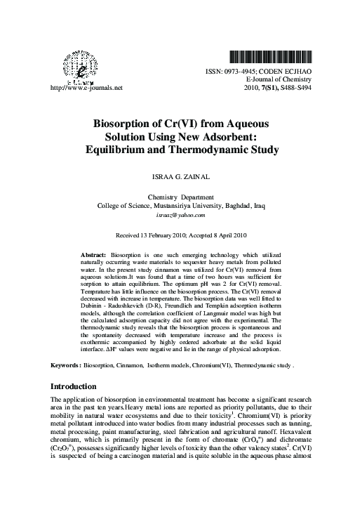 (PDF) Biosorption of Cr(VI) from AqueousSolution Using New Adsorbent: Equilibrium and ...