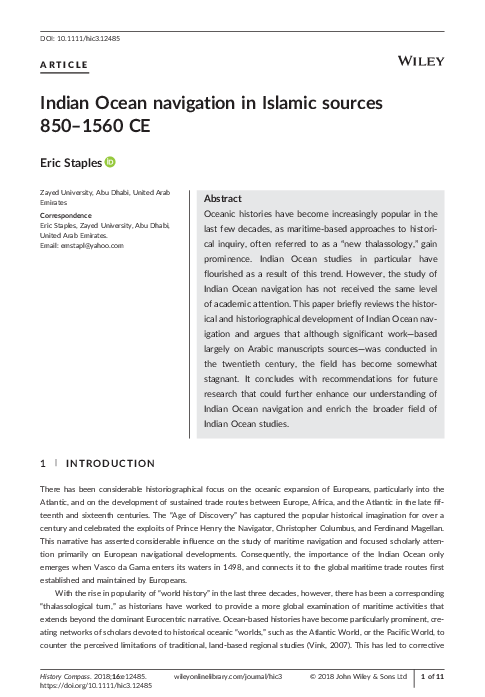 (PDF) Indian Ocean navigation in Islamic sources 850-1560 CE