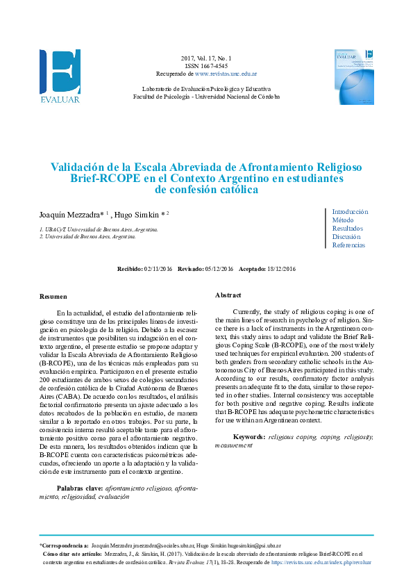 (PDF) Validación de la Escala Abreviada de Afrontamiento Religioso ...
