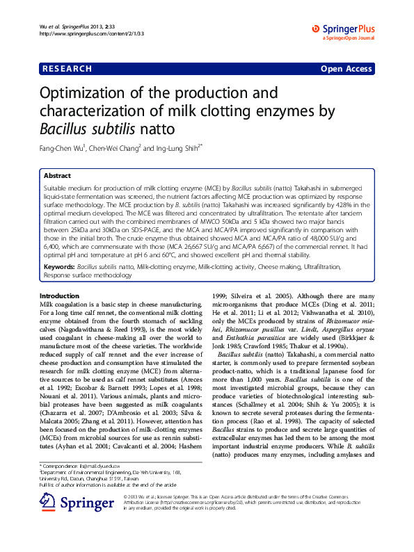 Pdf Optimization Of The Production And Characterization Of Milk Clotting Enzymes By Bacillus
