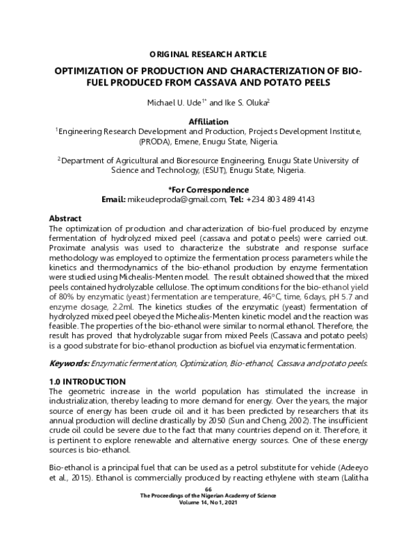 Pdf Optimization Of Production And Characterization Of Bio Fuel Produced From Cassava And