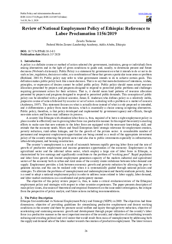 (PDF) Review of National Employment Policy of Ethiopia: Reference to ...