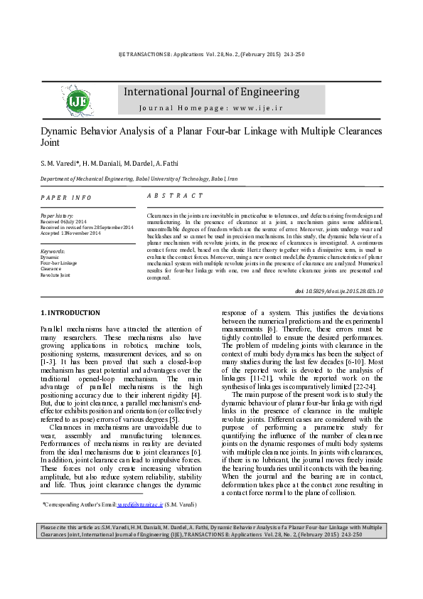 (PDF) Dynamic Behavior Analysis of a Planar Four-bar Linkage with Multiple Clearances Joint ...