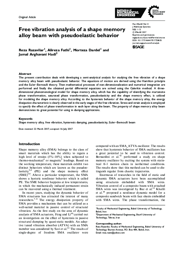 (PDF) Free vibration analysis of a shape memory alloy beam with pseudoelastic behavior