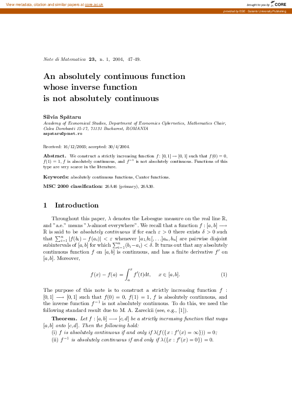 Pdf An Absolutely Continuous Function Whose Inverse Functionis Not Absolutely Continuous