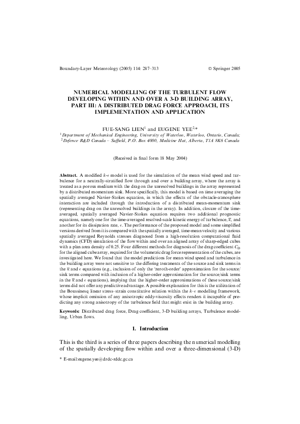 Pdf Numerical Modelling Of The Turbulent Flow Developing Within And Over A 3 D Building Array
