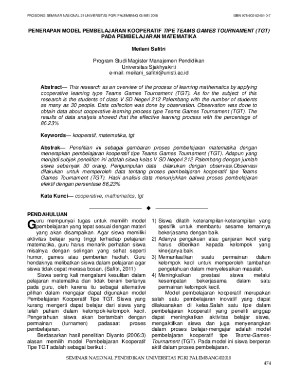 (PDF) Penerapan Model Pembelajaran Kooperatif Tipe Teams Games Tournament (TGT) Pada ...