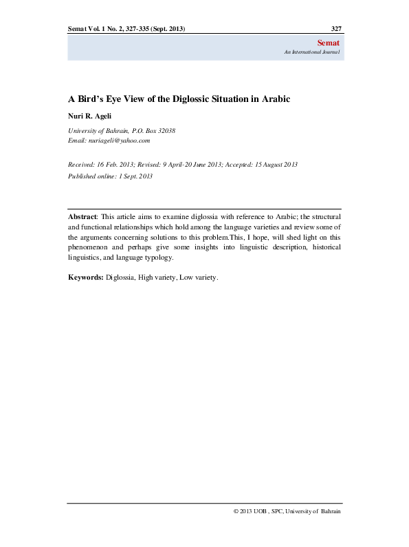 (PDF) A Bird’s Eye View of the Diglossic Situation in Arabic