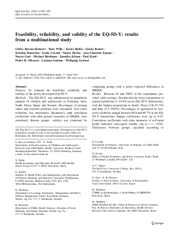 (PDF) Feasibility, reliability, and validity of the EQ-5D-Y: results from a multinational study ...