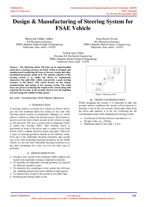 (PDF) Design & Manufacturing of Steering System for FSAE Vehicle