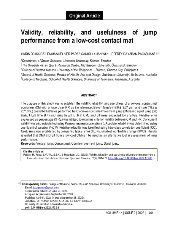 (PDF) Validity, reliability, and usefulness of jump performance from a low-cost contact mat
