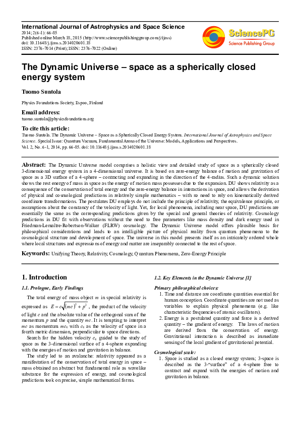(PDF) The Dynamic Universe – Space as a Spherically Closed Energy System