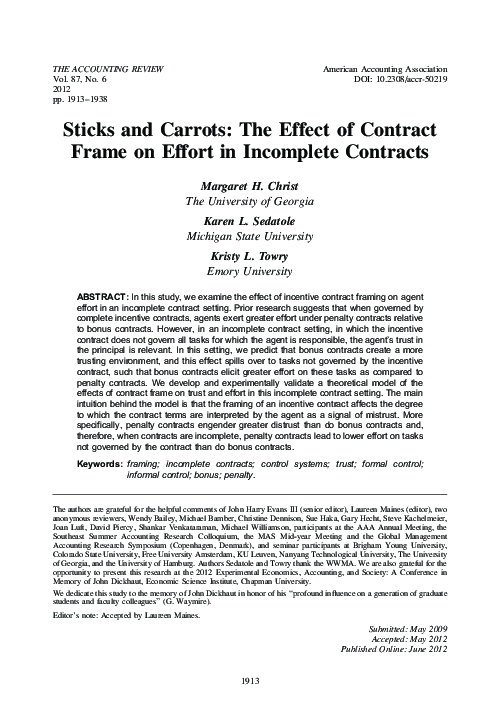 (PDF) Sticks and Carrots: The Effect of Contract Frame on Effort in ...