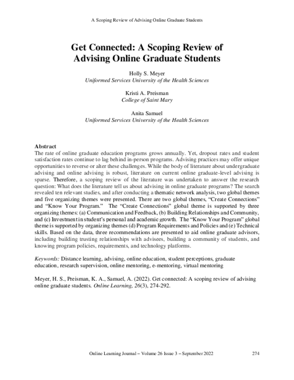 (PDF) Get Connected: A Scoping Review of Advising Online Graduate Students