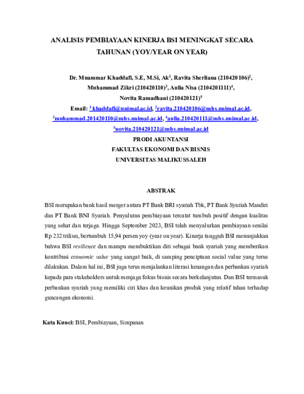 (PDF) ANALISIS PEMBIAYAAN KINERJA BSI MENINGKAT SECARA TAHUNAN (YOY ...