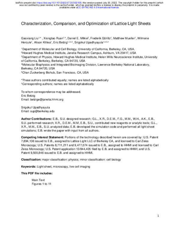 (PDF) Characterization, Comparison, and Optimization of Lattice Light Sheets