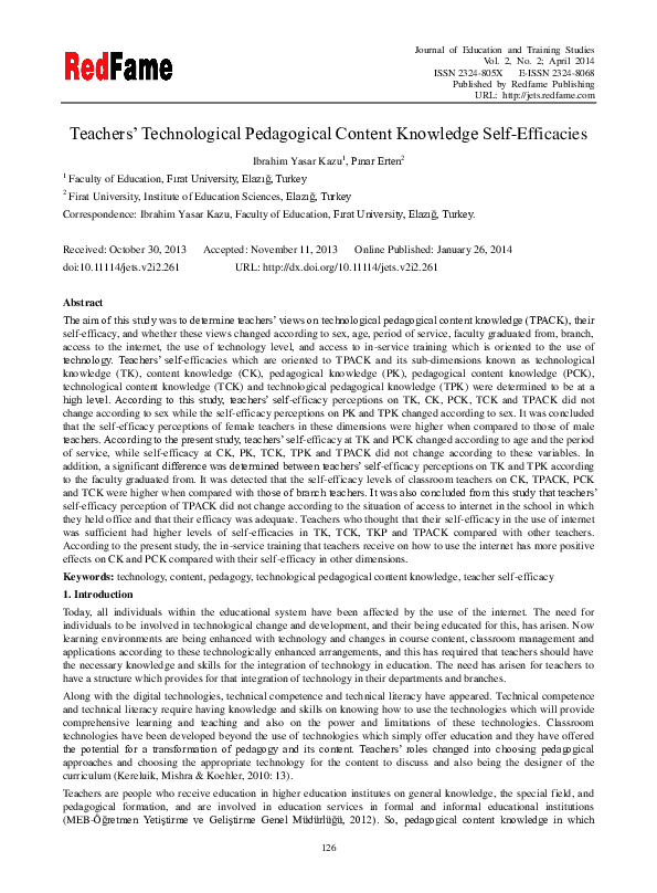 (PDF) Teachers’ Technological Pedagogical Content Knowledge Self-Efficacies