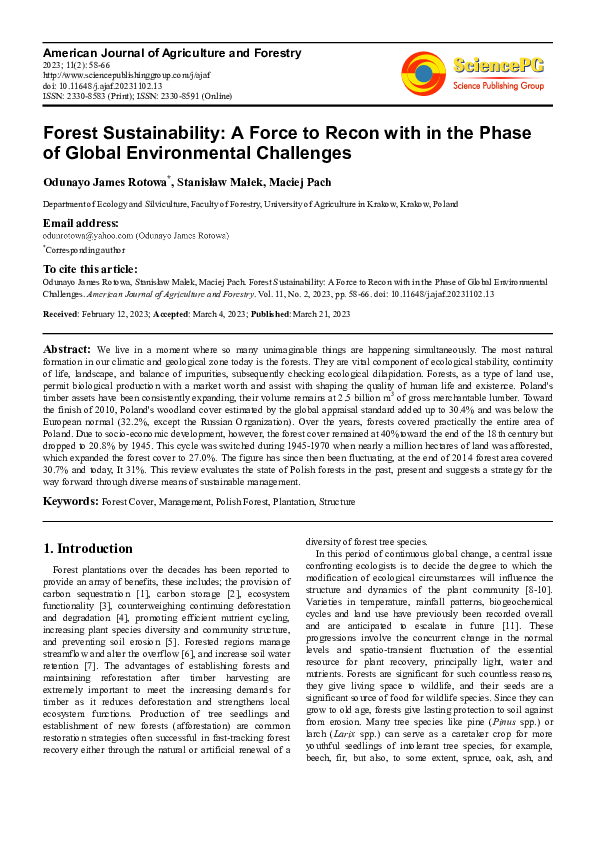 (PDF) Forest Sustainability: A Force to Recon with in the Phase of ...