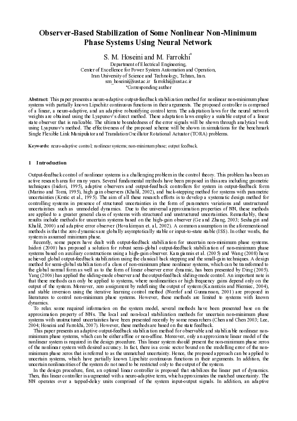 (PDF) Observer-based stabilisation of some non-linear non-minimum phase ...