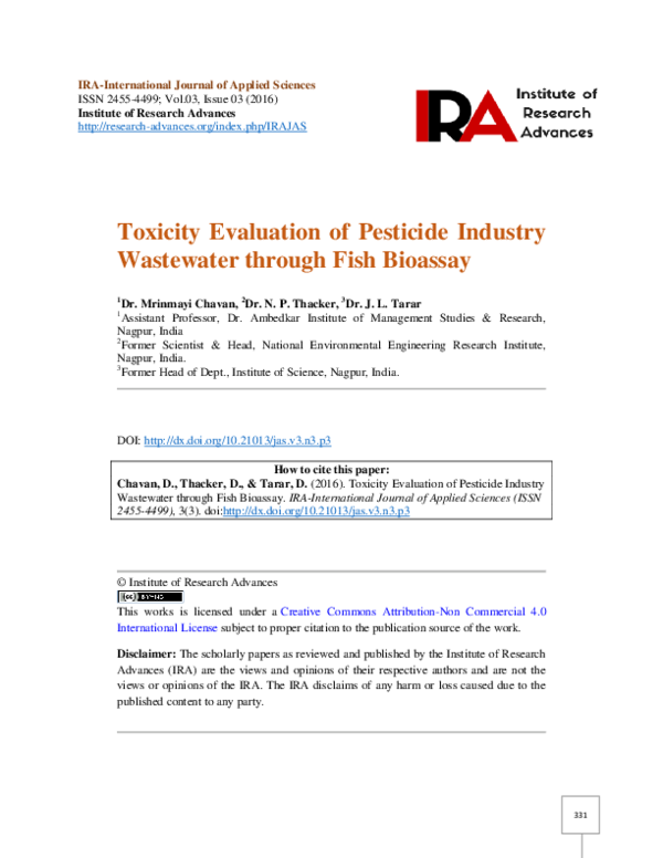 (PDF) Toxicity Evaluation of Pesticide Industry Wastewater through Fish ...