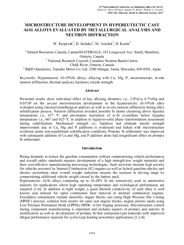 (PDF) Microstructure Development and Control in Hypereutectic Cast Al-Si Alloys Evaluated by ...