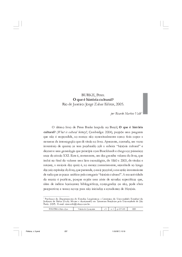 (PDF) BURKE, Peter. O que é a história cultural?