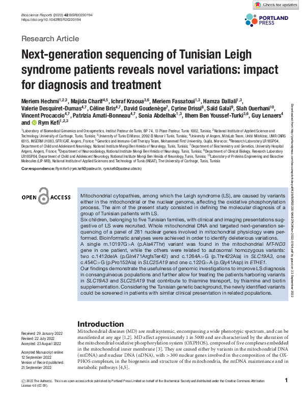 (PDF) Next-generation sequencing of Tunisian Leigh syndrome patients ...
