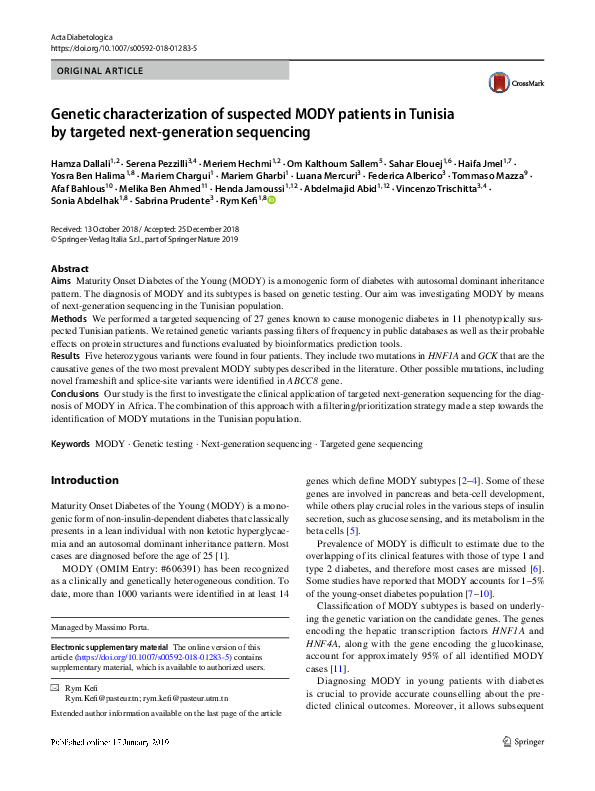 (PDF) Genetic characterization of suspected MODY patients in Tunisia by ...