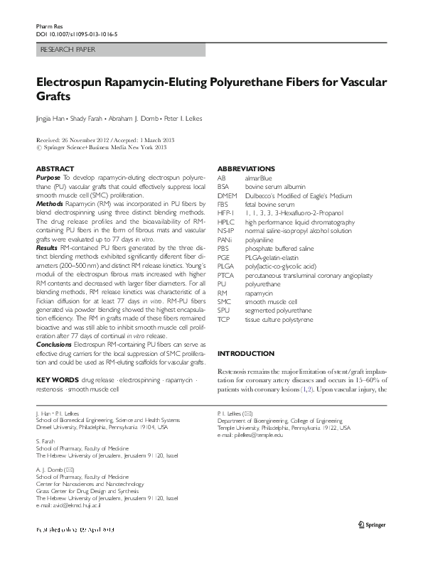 (PDF) Electrospun Rapamycin-Eluting Polyurethane Fibers for Vascular Grafts
