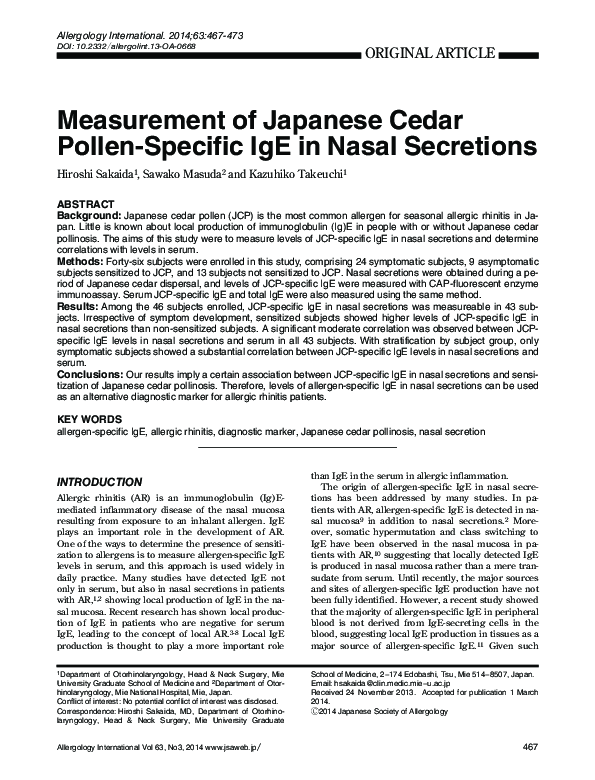 (PDF) Measurement of Japanese Cedar Pollen-Specific IgE in Nasal Secretions