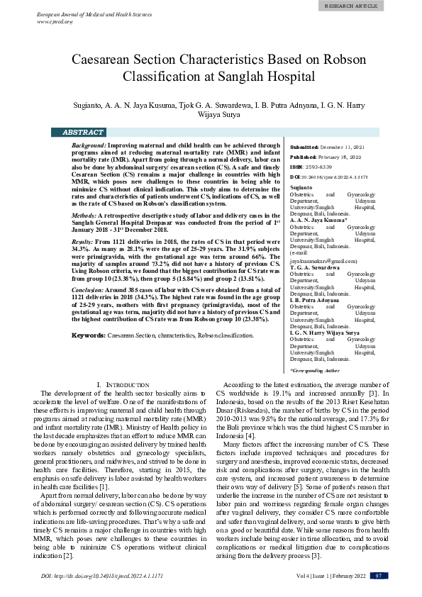 (PDF) Caesarean Section Characteristics Based on Robson Classification ...