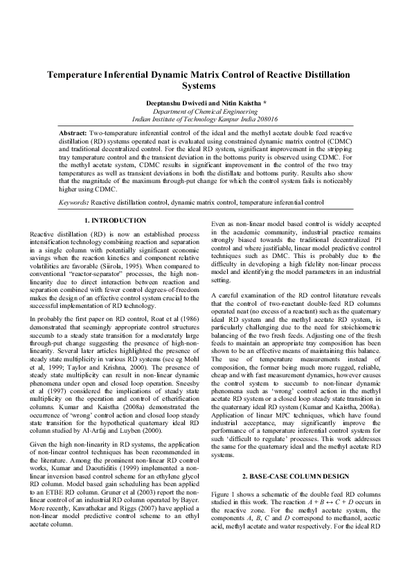 (PDF) Temperature Inferential Dynamic Matrix Control of Reactive Distillation Systems